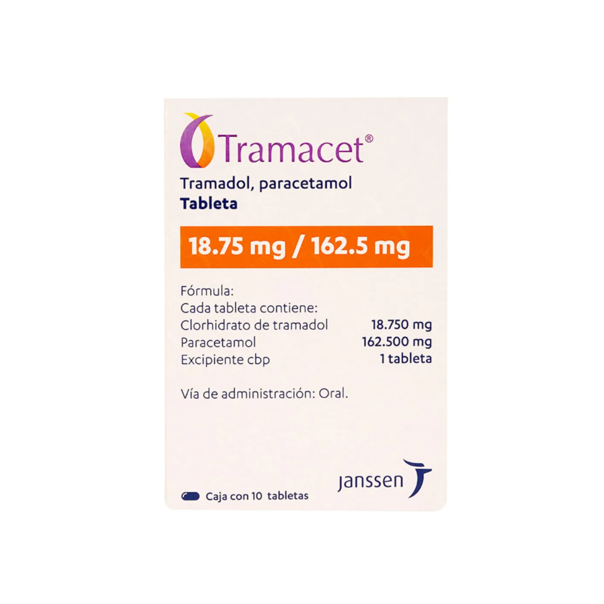 TRAMACET. TRAMADOL 18.75MG/PARACETAMOL 162.5 MG. CAJA CON 10 TABLETAS ...
